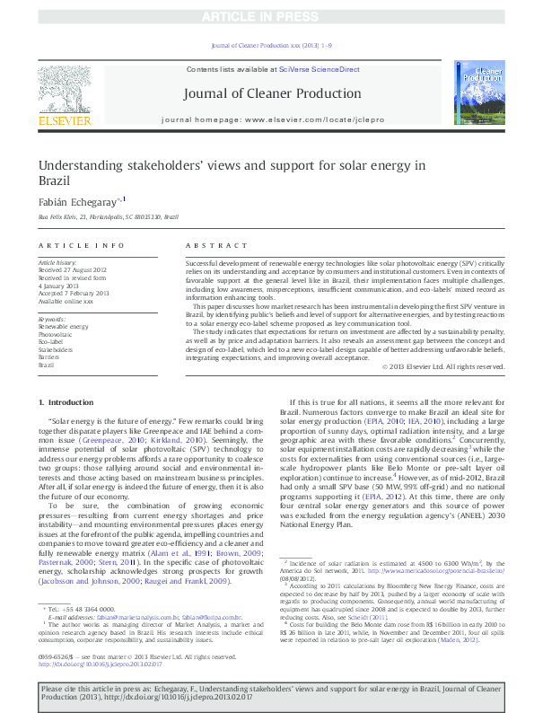 (PDF) Understanding stakeholders’ views and support for solar energy in ...