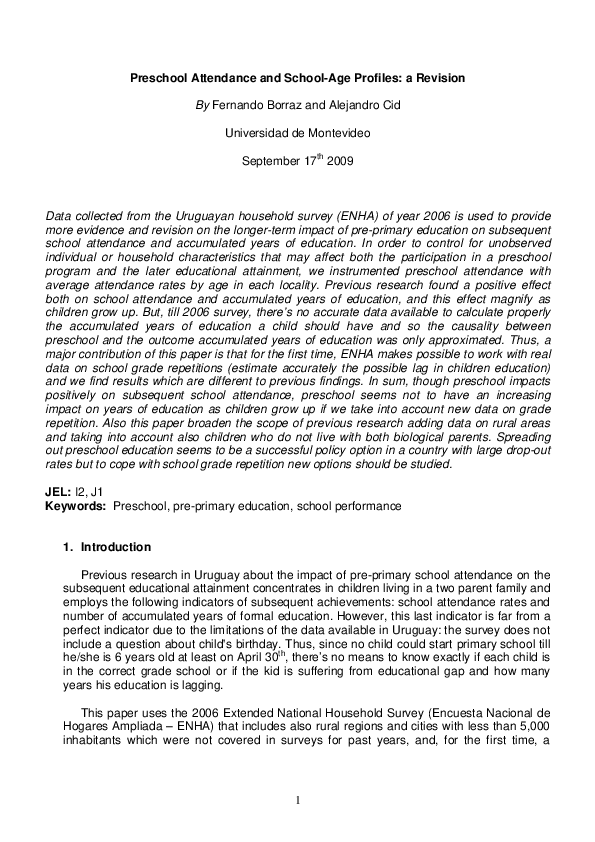 Preschool Attendance and School-Age Profiles: a Revision