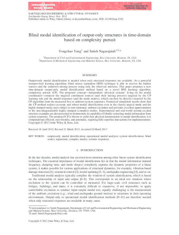 Pdf Blind Modal Identification Of Output Only Structures In Time