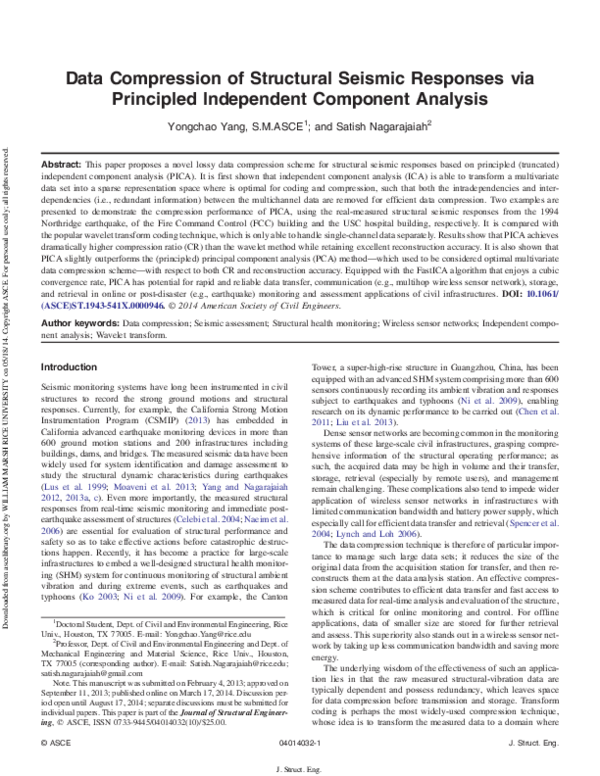 (PDF) Data Compression of Structural Seismic Responses via Principled Independent Component Analysis