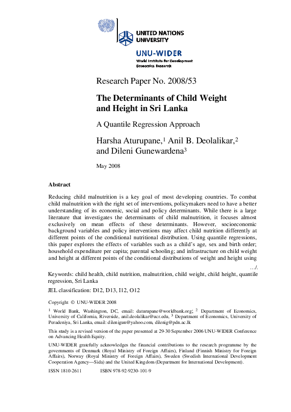 (PDF) The Determinants of Child Weight and Height in Sri Lanka: A ...
