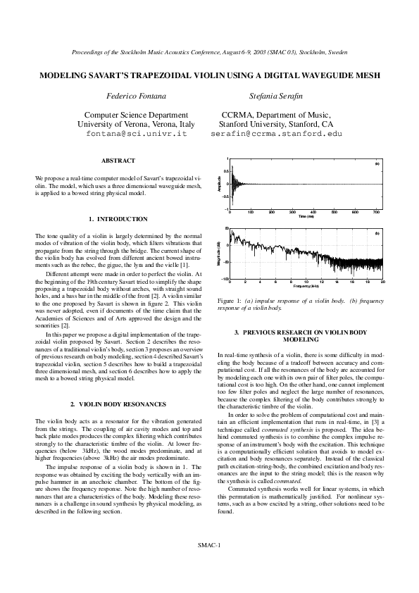 (PDF) Modeling savart's trapezoidal violin using a digital waveguide mesh