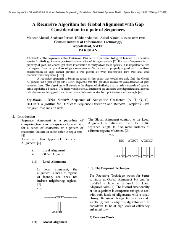 Pdf A Recursive Algorithm For Global Alignment With Gap Consideration