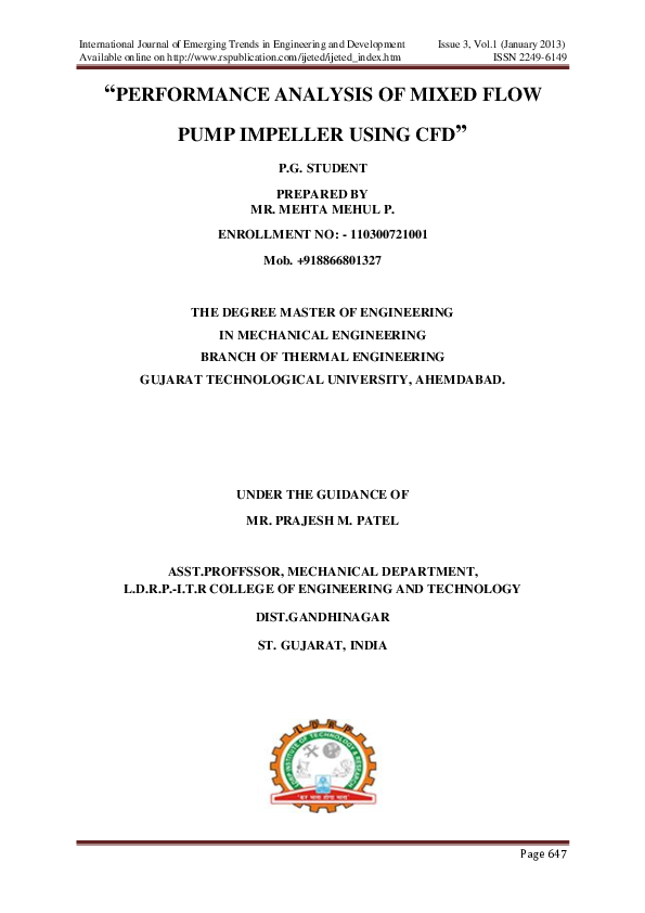 (PDF) PERFORMANCE ANALYSIS OF MIXED FLOW PUMP IMPELLER USING CFD