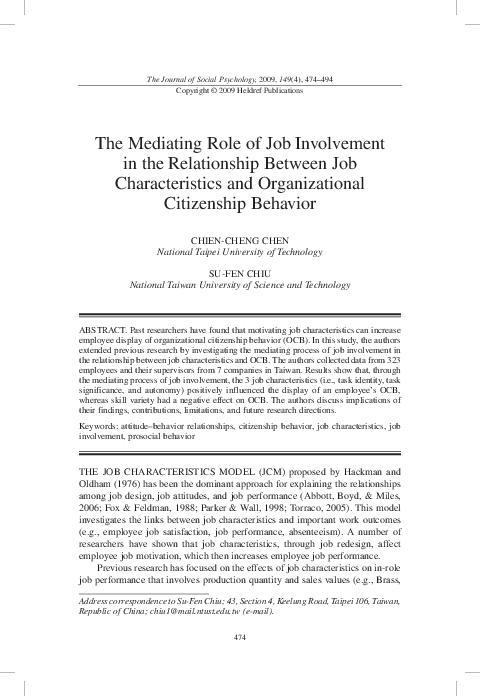 (PDF) The Mediating Role of Job Involvement in the Relationship Between Job Characteristics and ...