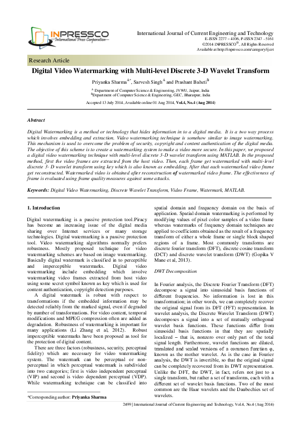(PDF) Digital Video Watermarking with Multi-level Discrete 3-D Wavelet Transform