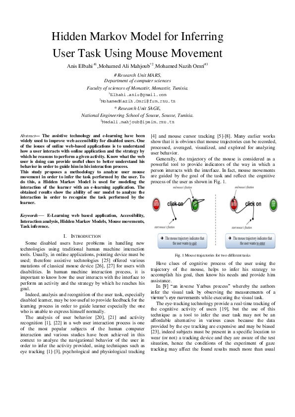 Pdf Hidden Markov Model For Inferring User Task Using Mouse Movement