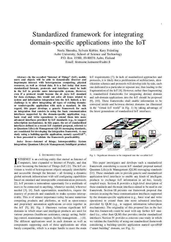 Pdf Standardized Framework For Integrating Domain Specific Applications Into The Iot