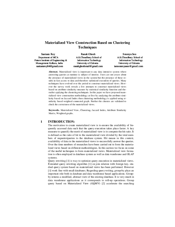 Pdf Materialized View Construction Based On Clustering Techniques
