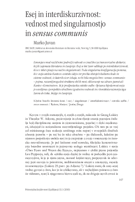 (PDF) Esej in interdiskurzivnost: vednost med singularnostjo in sensus communis