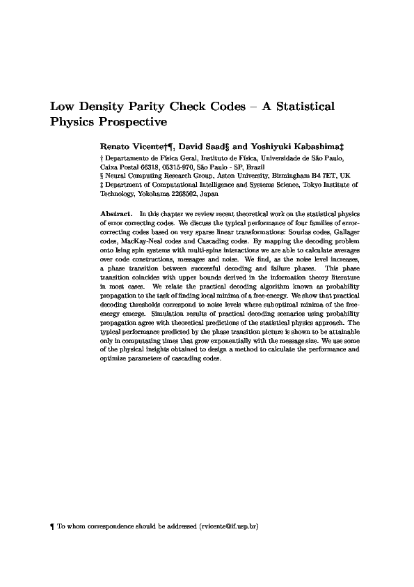 Pdf Low Density Parity Check Codes A Statistical Physics Perspective Renato Vicente 