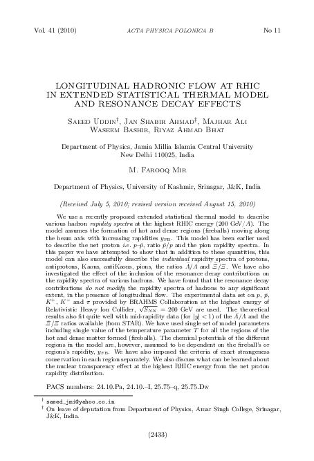 (PDF) LONGITUDINAL HADRONIC FLOW AT RHIC IN EXTENDED STATISTICAL THERMAL MODEL AND RESONANCE ...