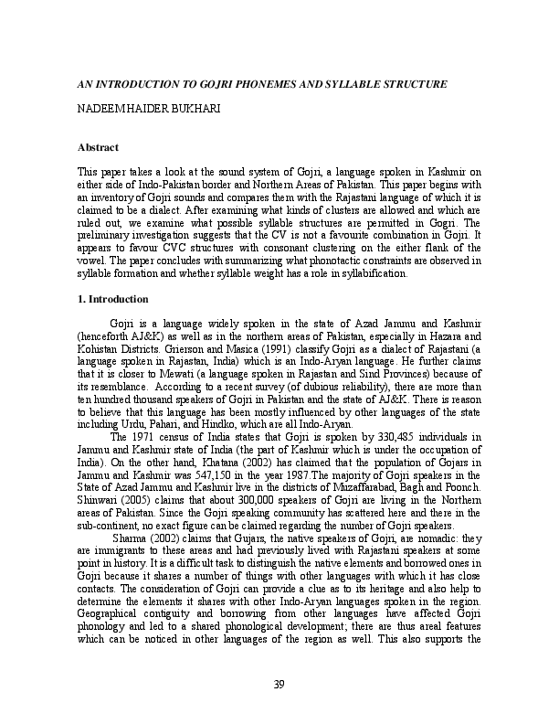 (PDF) AN INTRODUCTION TO GOJRI PHONEMES AND SYLLABLE STRUCTURE
