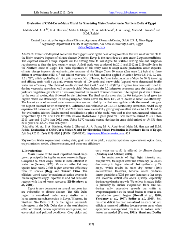 Pdf Csm Ceres Maize Model For Egyptian Maize Yield