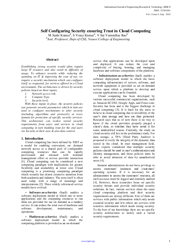 (PDF) Self Configuring Security ensuring Trust in Cloud Computing