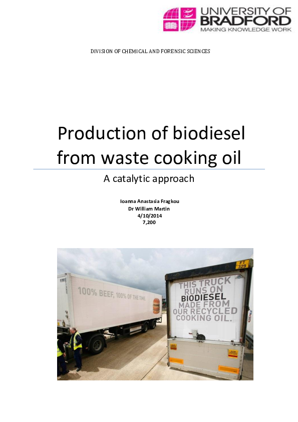 (DOC) Production of biodiesel from waste cooking oil: A catalytic approach