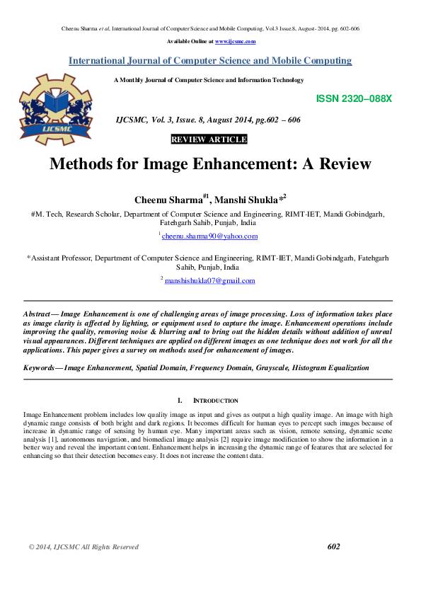 (PDF) Methods for Image Enhancement: A Review