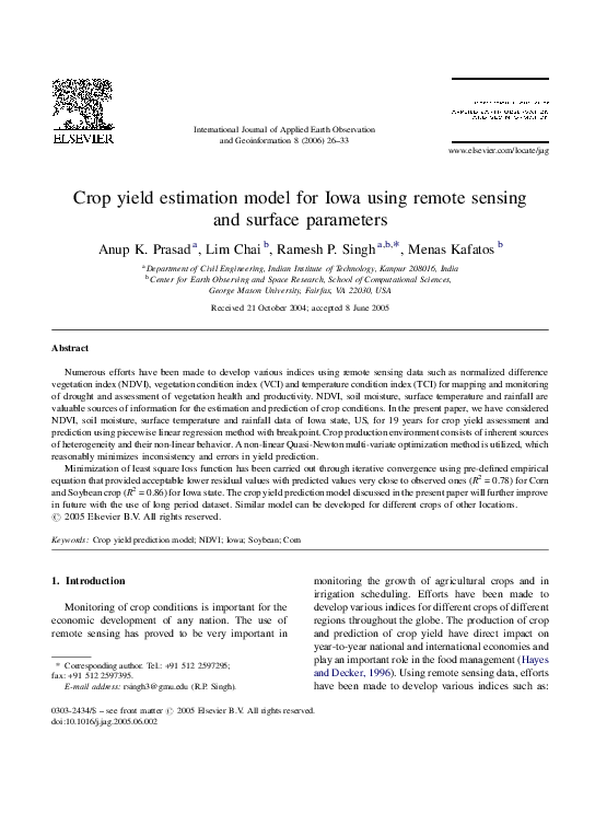 (PDF) Crop yield estimation model for Iowa using remote sensing and surface parameters