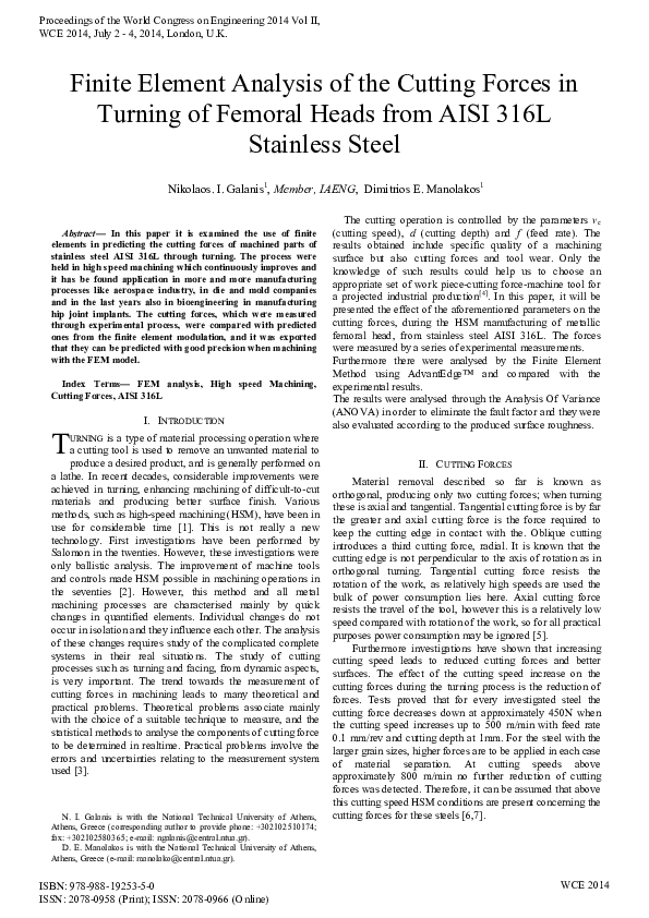 (PDF) Finite Element Analysis of the Cutting Forces in Turning of Femoral Heads from AISI 316L ...