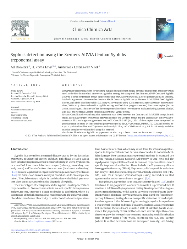 (PDF) Syphilis detection using the Siemens ADVIA Centaur Syphilis ...