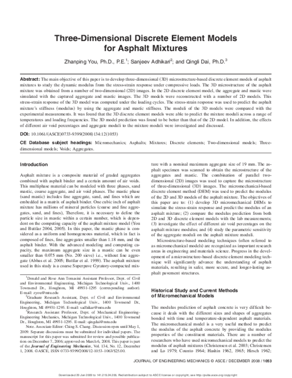 Pdf Three Dimensional Discrete Element Models For Asphalt Mixtures