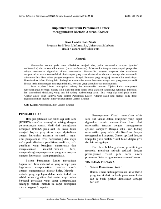 (PDF) Implementasi Sistem Persamaan Linier menggunakan Metode Aturan Cramer