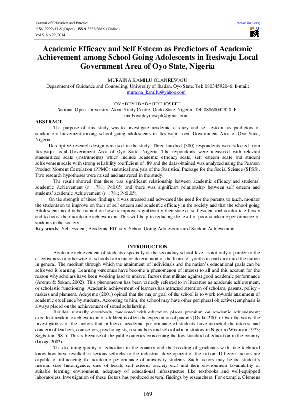 (PDF) Academic Efficacy and Self Esteem as Predictors of Academic Achievement among School Going ...