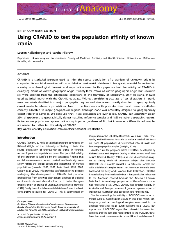(PDF) Using CRANID to test the population affinity of known crania