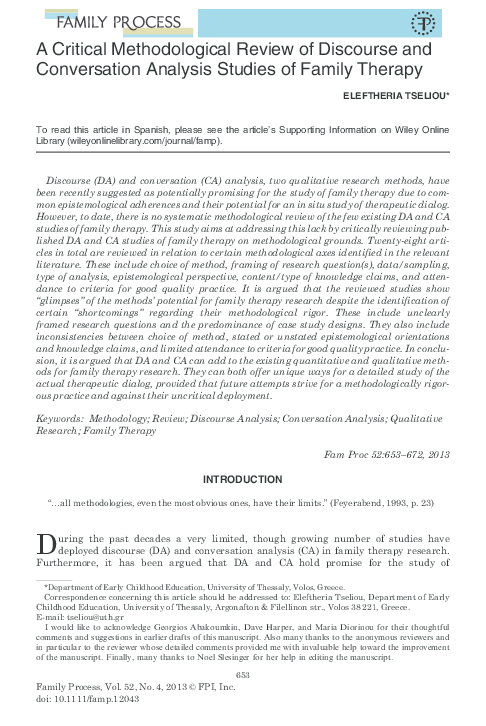(PDF) A Critical Methodological Review of Discourse and Conversation Analysis Studies of Family ...