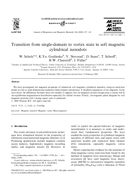 Pdf Transition From Single Domain To Vortex State In Soft Magnetic Cylindrical Nanodots