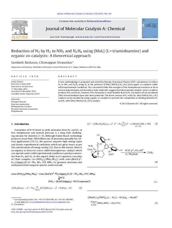 (PDF) Reduction of N2 by H2 to NH3 and N2H4 using [MoL] (L ...