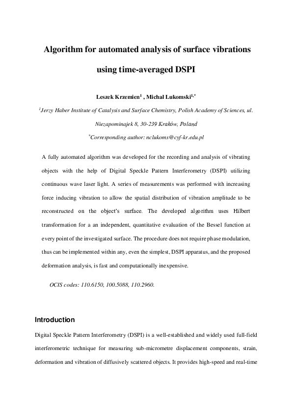 (PDF) Algorithm for automated analysis of surface vibrations using time-averaged DSPI