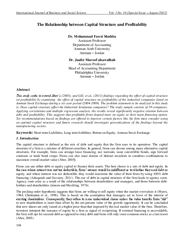 (PDF) The Relationship between Capital Structure and Profitability