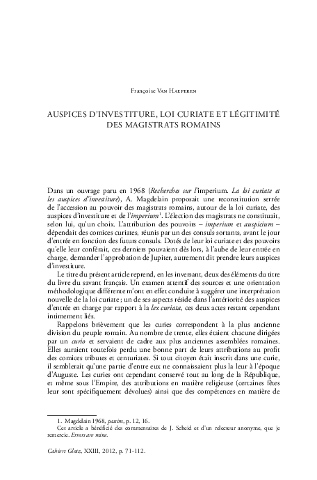 (PDF) Auspices d’investiture, loi curiate et investiture des magistrats ...