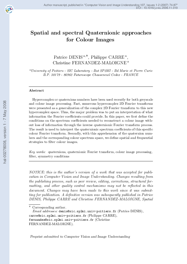 (PDF) Spatial and spectral quaternionic approaches for colour images