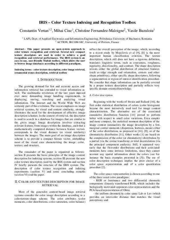 (PDF) IRIS - Color Texture Indexing and Recognition Toolbox