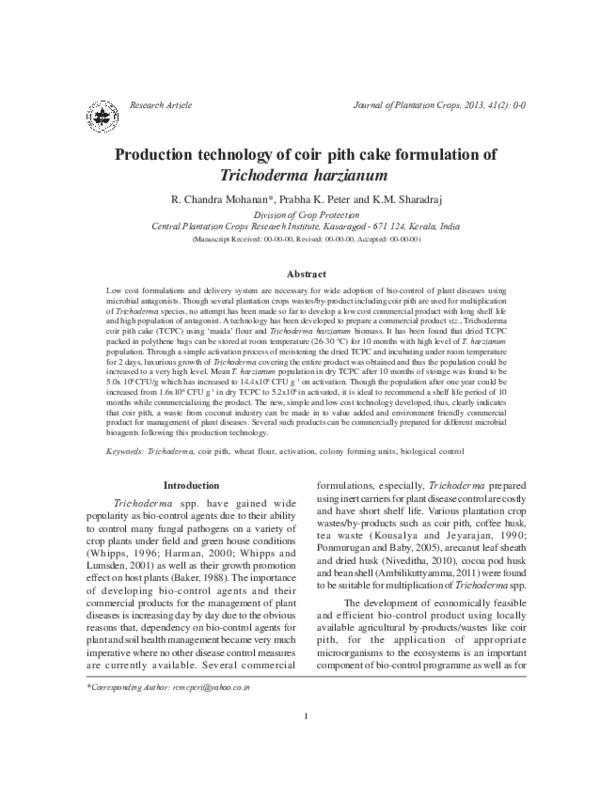 (PDF) Production technology coir pith cake formulation of Trichoderma