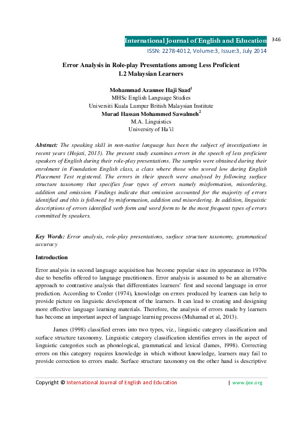 (PDF) Error Analysis in Role-play Presentations among Less Proficient L2 Malaysian Learners