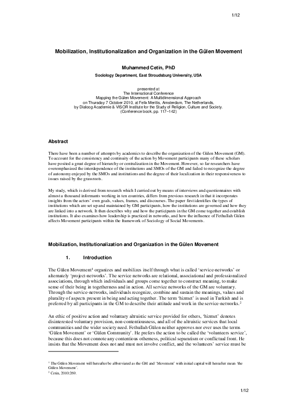 (PDF) Mobilization, Institutionalization and Organization in the Gülen ...