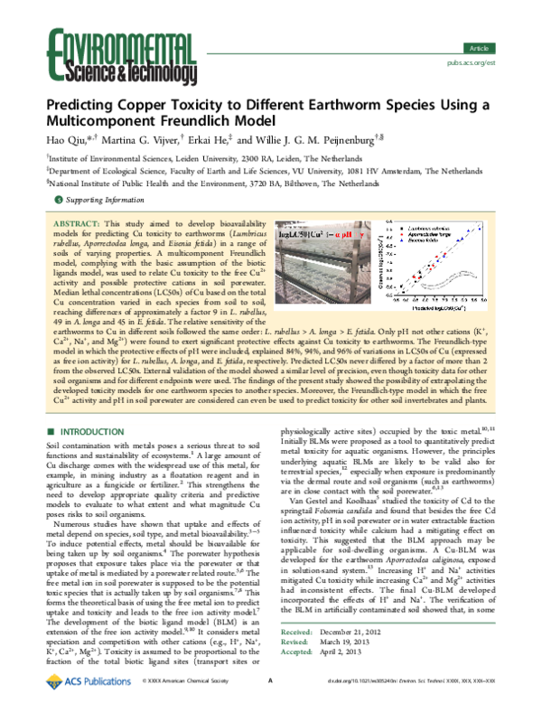 (PDF) Predicting Copper Toxicity to Different Earthworm Species Using a ...