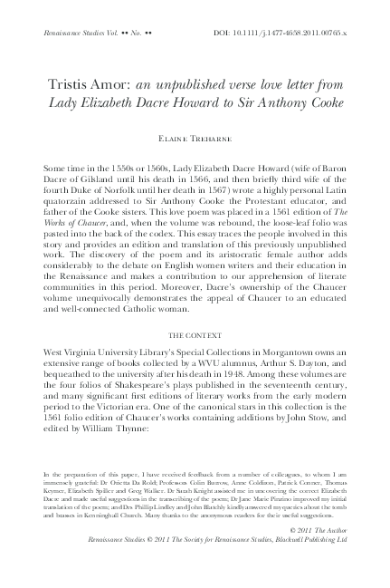 Tristis Amor”: An unpublished love letter from Lady Elizabeth Dacre ...