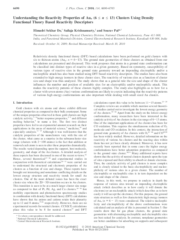 Pdf Understanding The Reactivity Properties Of Au N 6 ≤ N ≤ 13 Clusters Using Density