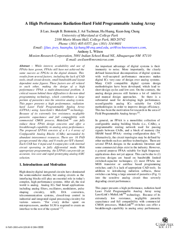 Pdf A High Performance Radiation Hard Field Programmable Analog Array