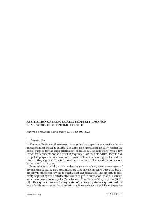 (PDF) RESTITUTION OF ExPROPRIATED PROPERTY UPON NON- REALISATION OF THE ...