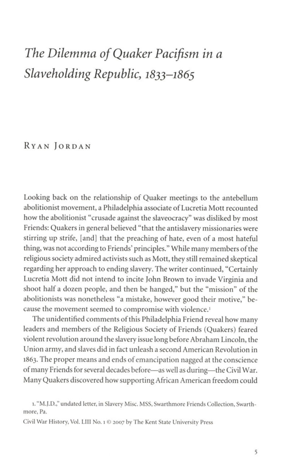 (PDF) Ryan P. Jordan - The Dilemma of Quaker Pacifism in a Slaveholding ...