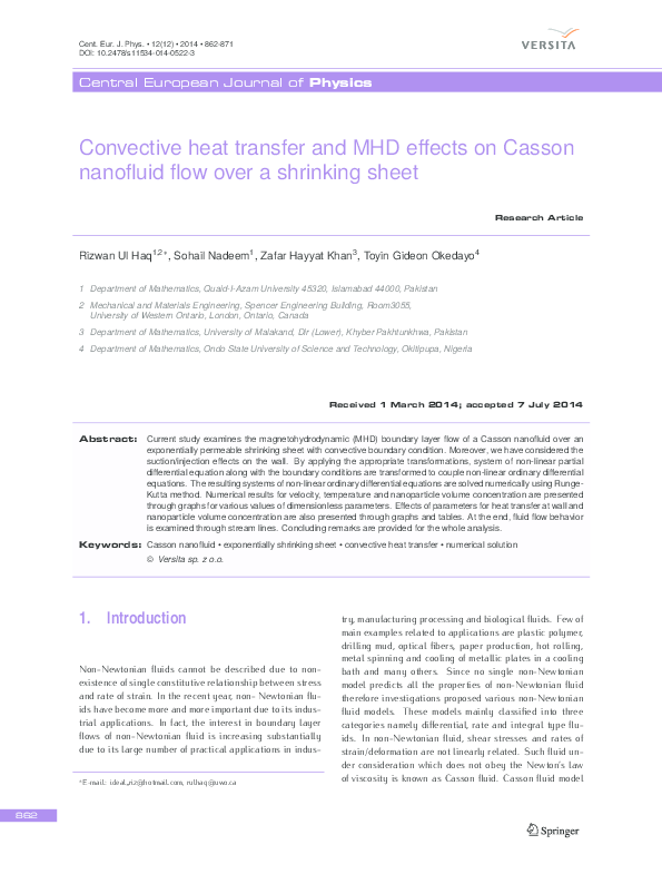 (PDF) Convective heat transfer and MHD effects on Casson nanofluid flow over a shrinking sheet