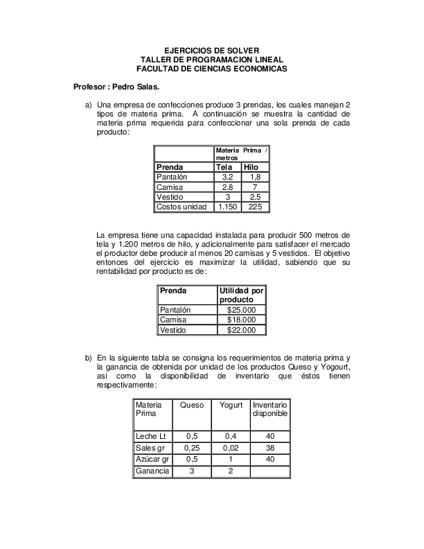 (PDF) EJERCICIOS DE SOLVER TALLER DE PROGRAMACION LINEAL FACULTAD DE CIENCIAS ECONOMICAS