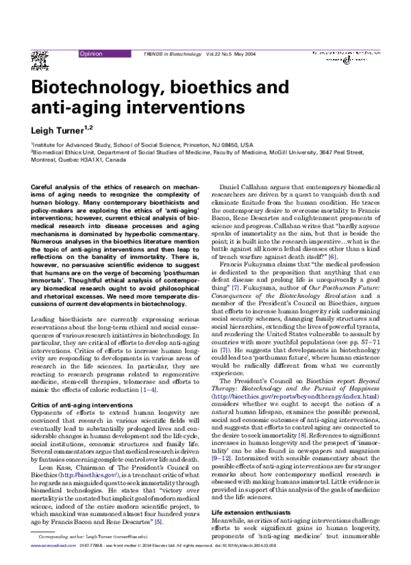 (PDF) Biotechnology, bioethics and anti-aging interventions