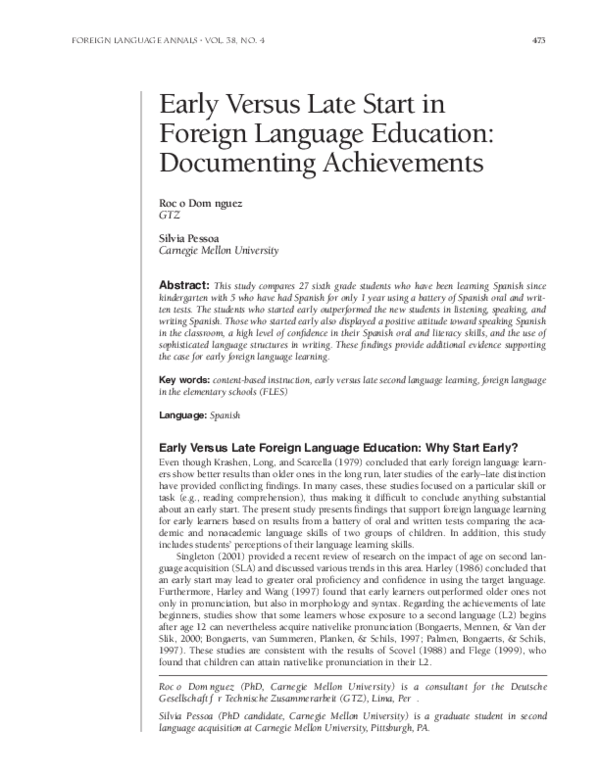 (PDF) Early Versus Late Start in Foreign Language Education ...