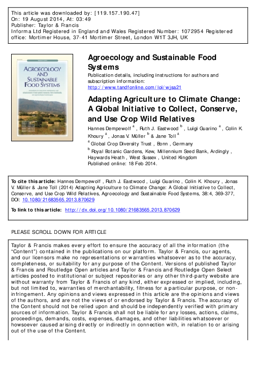 (PDF) Agroecology and Sustainable Food Systems Adapting Agriculture to Climate Change: A Global ...